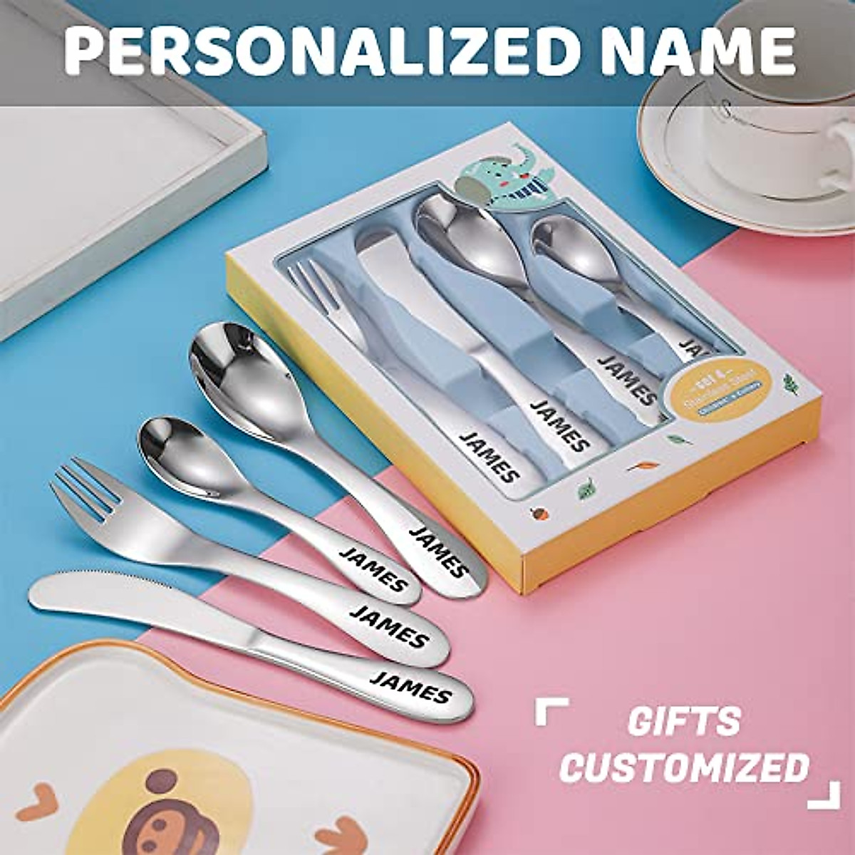 AIPNIS Personalized Kids Silverware 4 Piece Set,Custom Name Engraved Toddlers Tableware Set,Safe Reusable Child Cutlery Flatware Includes Fork Knife Table Spoons for Eating With Gift box