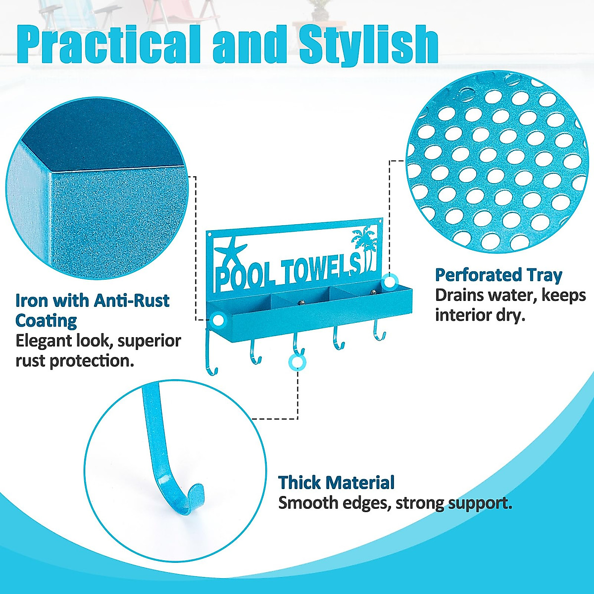 Pool Towel Rack - 2-in-1 Outdoor Poolside Beach Washcloth Drying Rack Holder, Wall Mounted Metal Hooks Decor for Bath Towel Storage, Robe Swimsuit, Coat, Bags, Phone, Keys - Blue