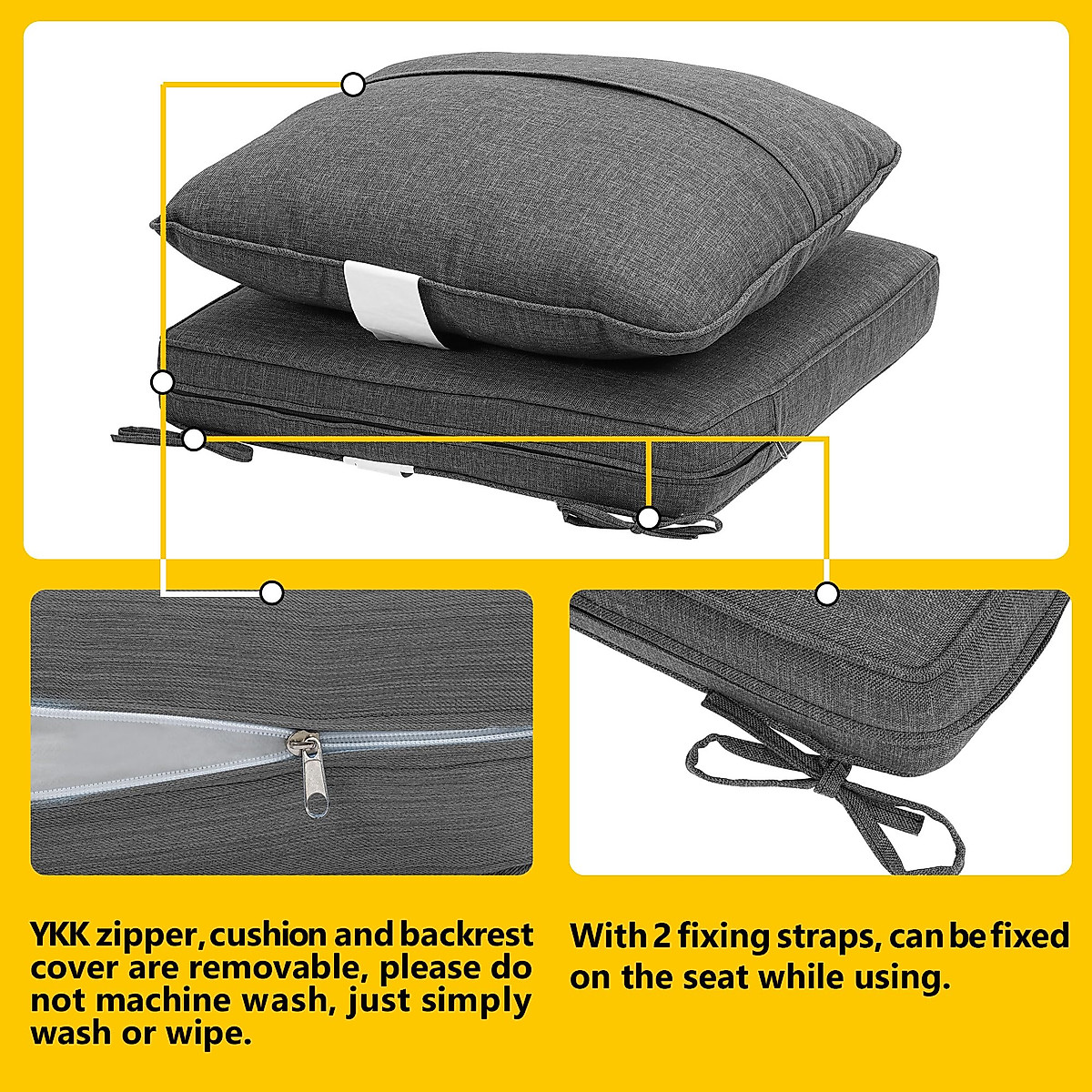 ZJEYEJZ Outdoor Chair Cushion Set, Thickened 24 x 24 x 5 Inch Patio Furniture Cushions, Waterproof & Fade Resistant Outdoor Seat Cushions with Ties for Chair Sofa Couch (Dark Gray)