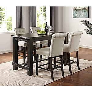Roundhill Furniture Aneta Antique Black Finished Wood 5-Piece Counter Height Dining Set, Tan