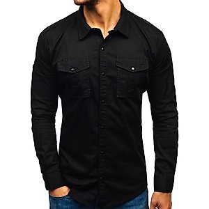 Men's Long Sleeve Hiking Shirts Lightweight Tactical Button Down Cargo Shirt Plain Slim Fit Shirt with Pockets (Black,Large)