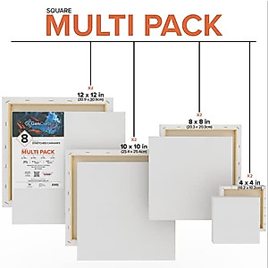 GenCrafts Stretched White Squared Canvas Multi Pack - 4x4, 8x8, 10x10, 12x12 (2 of Each) Set of 8 - Triple Primed - 100% Cotton - for Acrylic, Oil, Other Wet or Dry Art Media - Artists Grade