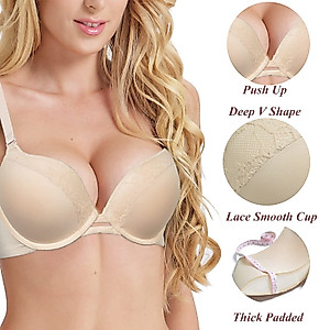 Pushlus Push Up Thick Padded Plunge Underwire T Shirt Lace Bra Lift Support for Women Add One Cup 36B Nude
