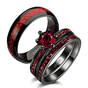 Gy Jewelry Two Rings His and Hers Wedding Ring Sets Couples Rings Women's 2PC Black Gold Filled Red Agate Cubic Zirconia Wedding Engagement Ring Bridal Sets & Men's Tungsten Carbide Wedding Band