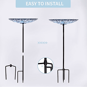 MUMTOP Glass Bird Baths, Garden Outdoor Birdbaths Birdfeeder with Metal Stake for Outside Yard Lawn, Blue