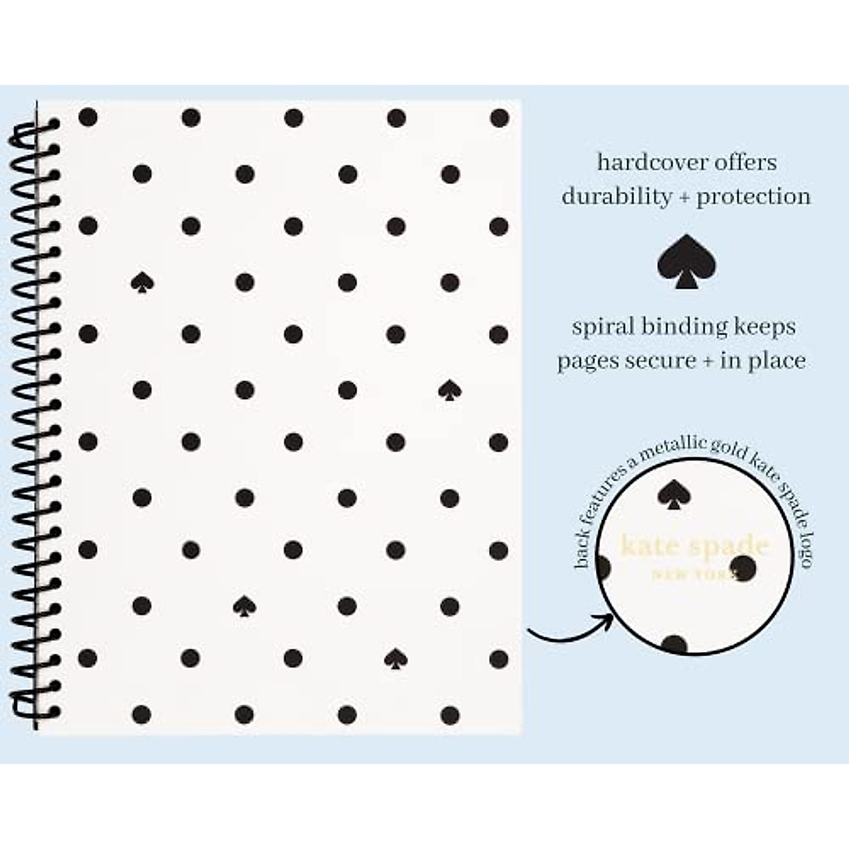 Kate Spade New York Black/White Mini Spiral Notebook, 8.25" x 6.75" Journal Notebook with 112 Lined Pages, Black Spade Dot