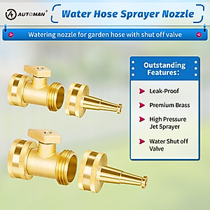 AUTOMAN Brass Hose Nozzle - High Pressure Jet Nozzle 4 Count (2 Set), Heavy Duty Water Hose Sprayer Sweeper with Hose Shutoff Valve, 3/4” GHT Nozzles for Garden Hose, Car Wash, Extra 10 Rubber Washers