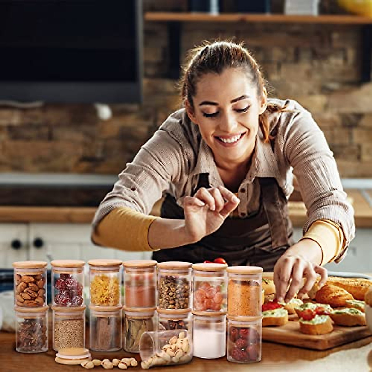 SOLEDI Glass Jars Set of 4.2OZ 16 Pieces, Spice Jars with Bamboo Lids, Pantry Glass Storage Jars with Labels, storage jars for Kitchen, Excellent Storage Container, Candy Jar for Seasonings
