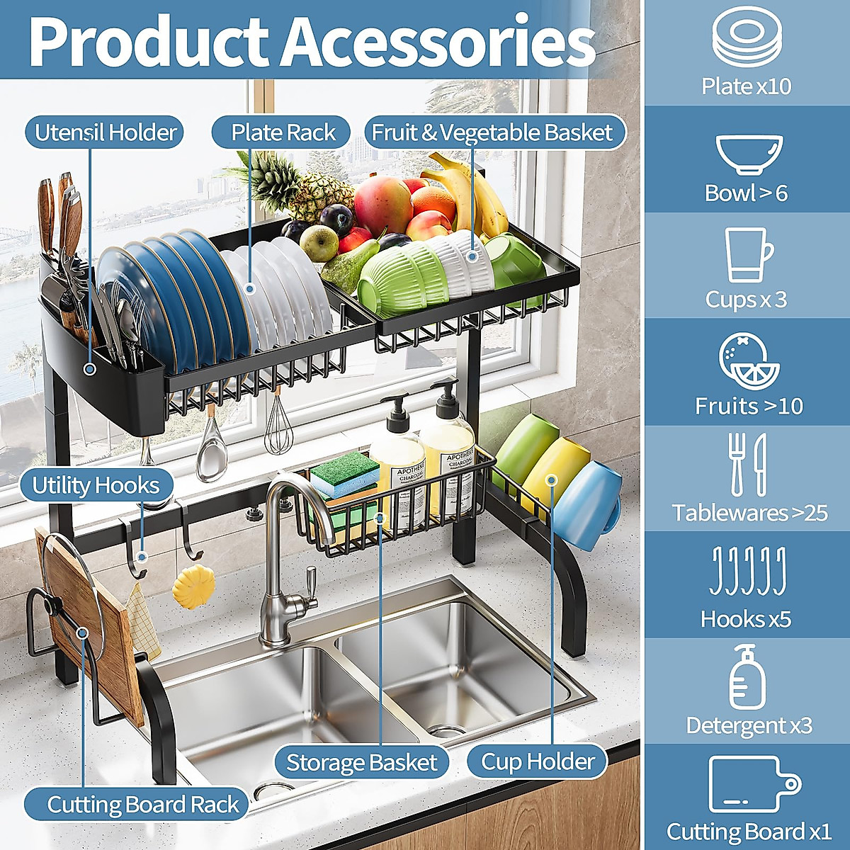 Urackify Over The Sink Dish Drainer Drying Rack, Adjustable (25.19"-37.4") Over Sink Dish Drying Rack, Extra Large Extendable Dish Rack Above Kitchen Sink, 2 Tier Dish Strainer with Storage Basket