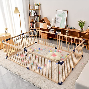 Wooden Baby Playpen for Babies and Toddlers,Baby Playars, Baby Fence Play Area with Safety Gate, Indoor Safety Play Yard,Large Baby Fence with Locking Gate Activity Center (55x79x24 Inches)