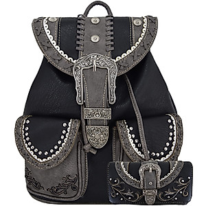 Western Style Tooled Buckle Floral Women Country Backpack School Bag Rucksack Daypack Biker Purse Matching Wallet Set (Black Set)