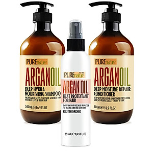 PURE NATURE Moroccan Argan Oil Shampoo and Conditioner Set and Heat Protectant Spray for Hair with Keratin