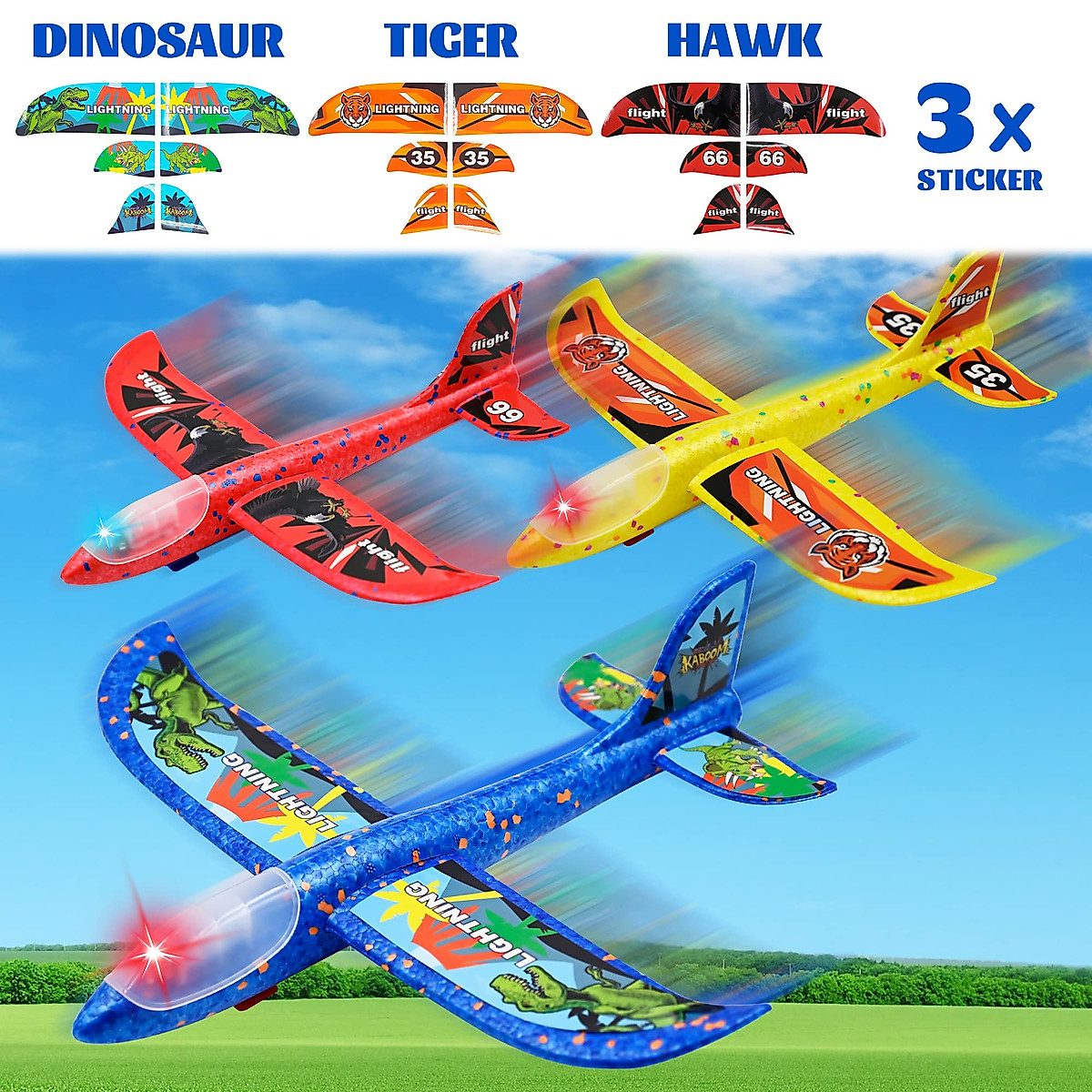 3 Pack Airplane Launcher Toys, LED Flying Foam Airplane Glider with 2 Flight Modes, Catapult Plane for Boys, Outdoor Sports Flying Toy for Kids,Birthday Gifts for Ages 3-12 Year Old