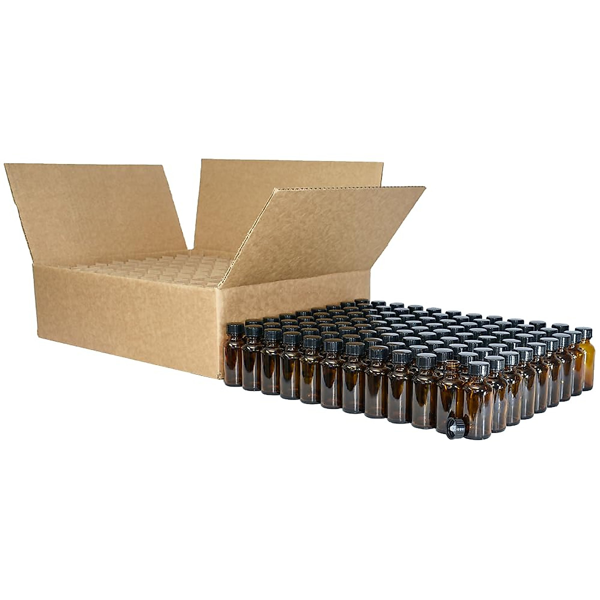 GlassBottleOutlet (108 Pack) 1 oz. Amber Boston Round with Black Poly Cone Cap