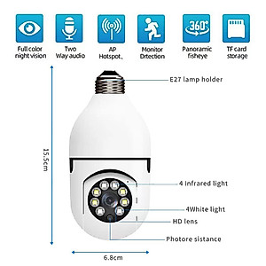 2022 New Light Bulb Camera, Wireless WiFi Full HD 5MP Security Light Bulb Camera, 360 Panoramic IP Camera, 1080P 2.4GHz Indoor Outdoor WiFi Camera with Real-time Motion Detection, Alerts, Night Vision