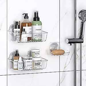 UDD Clear Shower Caddy with Soap Dish, Bathroom Shower Organizer Storage Shower Rack Wall Adhesive Shower Shelves for Dorm Bathtub, 3 Pack