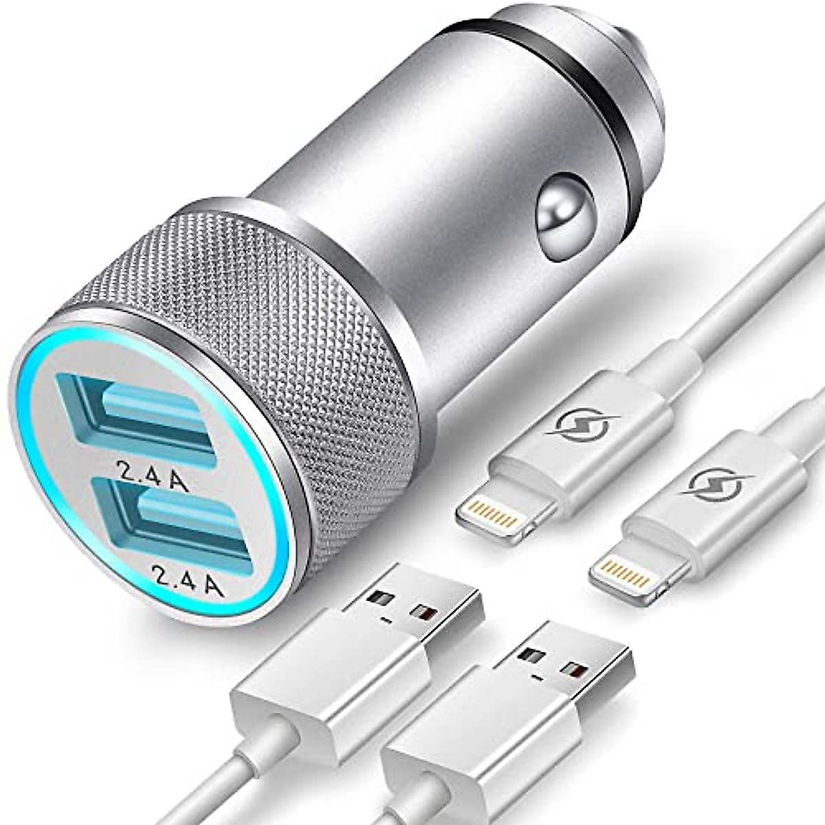 TIKALONG Car Charger Compatible with iPhone 13/12/11/XR/XS/X/Pro Max 8/7/6/6S Plus 5S/5C/SE2, iPad Air Mini Pro (2.4A Dual Port USB Car Charger Adapter with 2X 3ft Charging Cable Cord) (3in1 Pack)