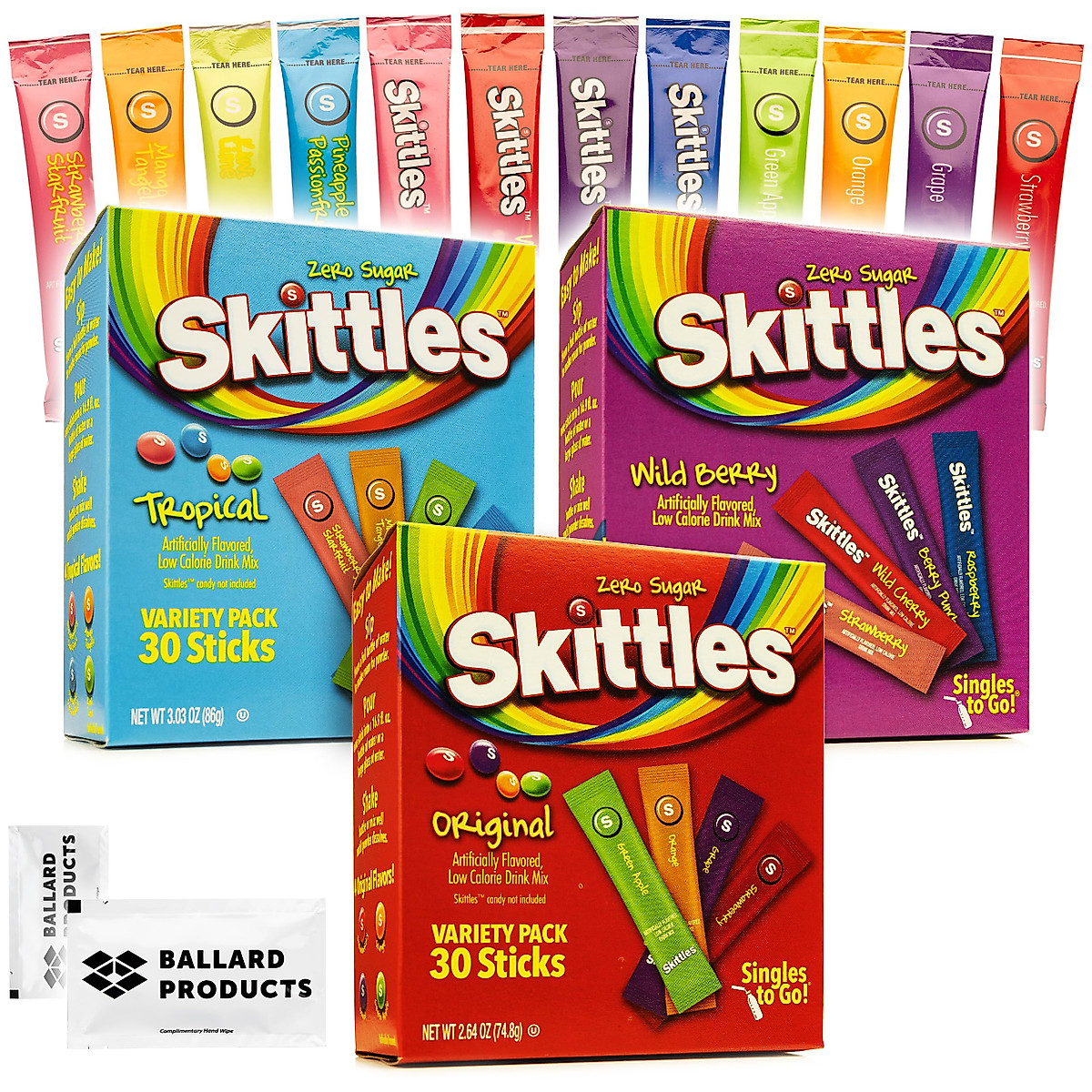 Skittles Drink Mix Bulk Pack of 3 Boxes - Original, Tropical, and Wild Berry - 90 Count of Skittles Water Flavor Packets - Sugar Free Drink Mix Bundle with Ballard Products Moist Towelette