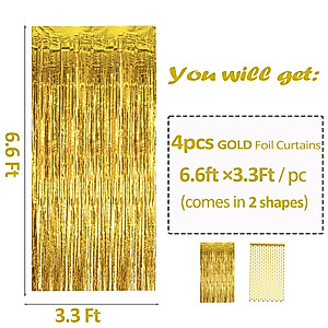 KIWILEPI Bachelorette Party Decorations Gold Foil Curtain, 4Packs 3.3ft x 6.6ft Metallic Photo Booth 2 Styles Tinsel Wall Curtains Party Streamer for Birthday Wedding Engagement Bridal Shower Supplies