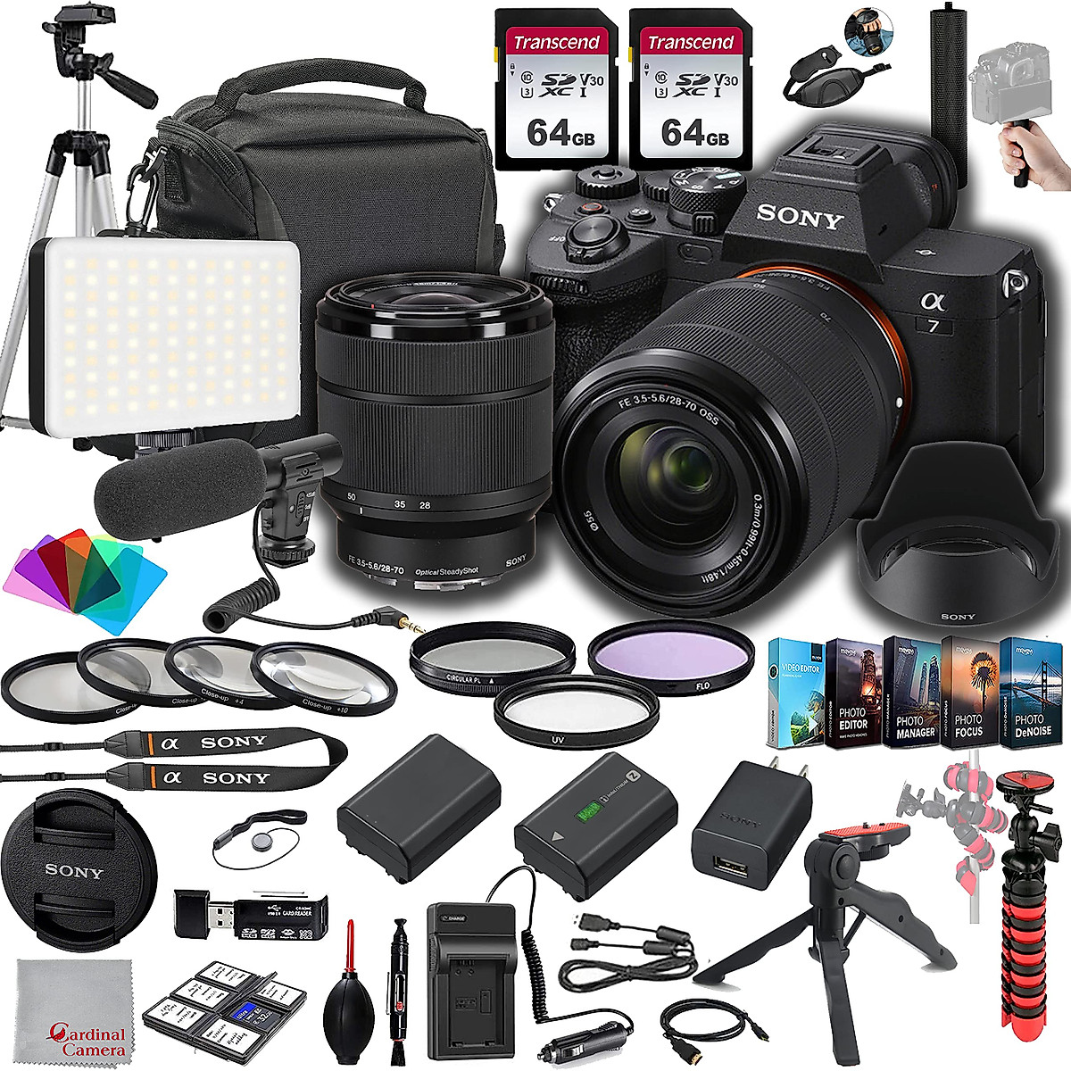 Sony a7 IV Mirrorless Digital Camera 33MP w/ 28-70mmmm Lens ILCE-7M4K/B, 128GB Memory,Microphone, 120LED Video Light, Tripod, Filters, Hood, Grip,Spare Battery & Charger Software Kit -Deluxe Bundle