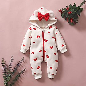 Newborn Baby Girl Valentine's Day Outfits Zipper Love Heart Hooded Romper Jumpsuit Fall Winter One Piece Clothes