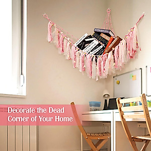 Lewondr Stuffed Animal Hammock, Dense Stuffed Animal Net or Hammock with Transitional Fringes, DIY Ribbons Great Decor Stuffed Animal Storage, 138'' Star Light String, 39'' x 39'' x 59, Pink