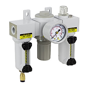 PneumaticPlus SAU2000M-N02DG-MEP Mini Three-Unit Combo Compressed Air Filter Regulator Lubricator FRL, Air Preparation Unit 1/4" NPT - Metal Bowl, Auto Drain, Gauge