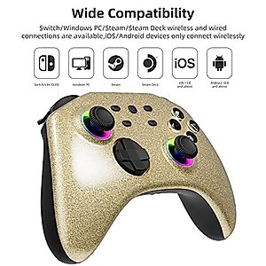 Mytrix Gold Wireless Switch Controller Compatible with Nintendo Switch/OLED/Lite Steam Deck, Pro Controller with Turbo, Motion, Vibration, Wake-Up, Headphone Jack and Dynamic Joystick RGB Lighting
