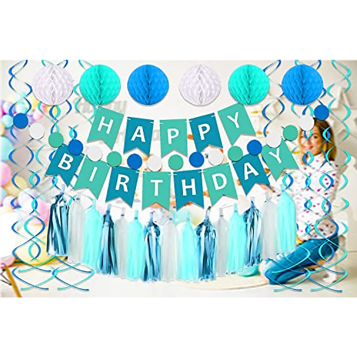 Blue Birthday Party Decorations, Blue Happy Birthday Banner for Kids Birthday Decorations, Blue Tissue Paper Tassels Garland Honeycomb Balls Swirls Streamers for Boys Girls Family Birthday Decorations