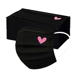 YOMEESOUL 50pcs Cute Disposable Face Masks, Pink And Black Masks with Hearts Printed, 3-Ply Full Protection for Women Teen Girls (Pink Hearts)