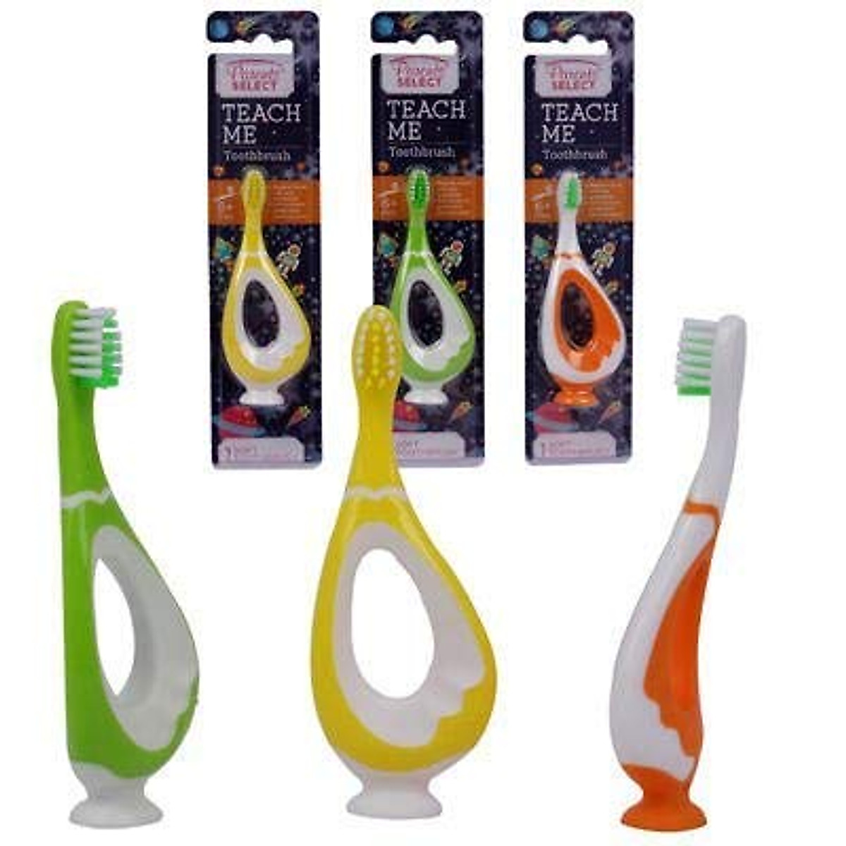 Aeiniwer Baby Beginner Toothbrush for Baby, boy, and Girl. Learning Toothbrush with Bottom Suction Cup for Infants, Toddlers, and Children. (Orange/Green/Yellow) - 3pk