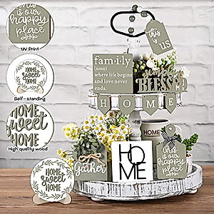 11 Pieces Farmhouse Tiered Tray Decor Home Wood Sign Rustic Home Sweet Home Simply Blessed This is Us Wooden Beads Tiered Tray Decorations Set for Home Kitchen Table Shelf