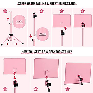 CAHAYA Sheet Music Stand & Tabletop Music Stand Solid Back with Carrying Bag for Books Notes Laptop Tablet Pink CY0194