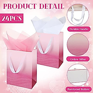 Jeyiour 24 Pcs Ombre Gift Bags Bulk with 48 Pcs Tissue Paper, 9 x 7 x 4 Inch, Glitter Graduation Paper Gift Bag, Packaging for Wedding Birthday Party Favor (Pink)