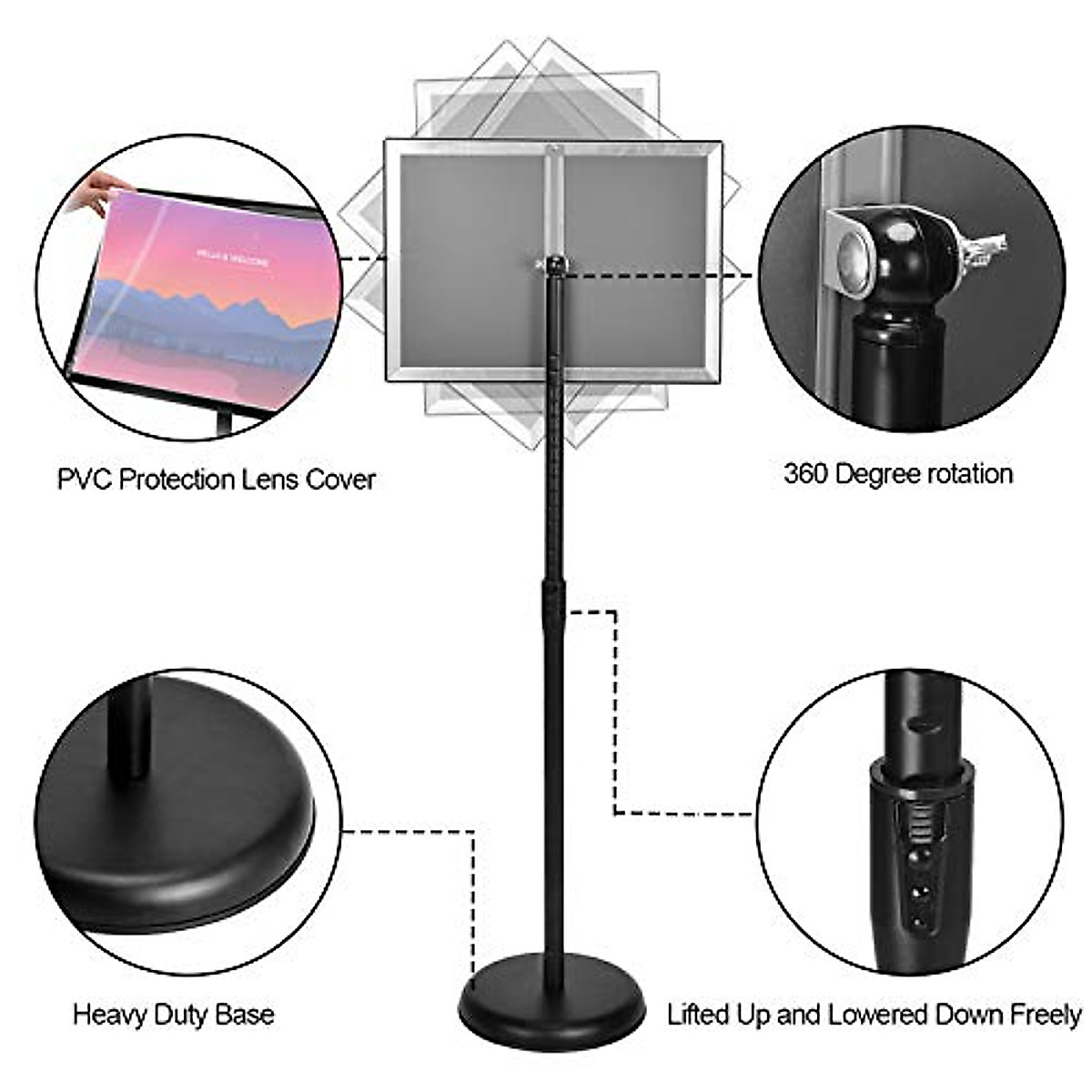 KOOV Poster Sign Stand 8.5 x 11 Inches Floor Standing Sign Holders, Adjustable Pedestal Poster Stand with Heavy Duty Round Base Both Vertical and Horizontal Sign Displayed, Black