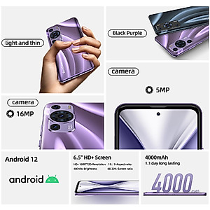 HeyxFome X2 2025 6.5” HD+ Screen GSM Unlocked Cell Phone 4G Mobile Phones 4000mAh Android 12 Smart Phone 16MP RAM 3GB Smartphone Face ID Dual SIM (Only for T-Mobile USA Market) (Purple)