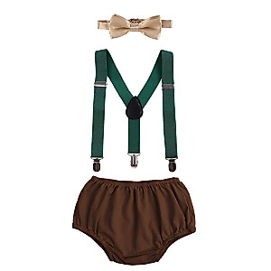 Newborn Baby Boy First 1st Birthday Cake Smash Outfit One Year Old Birthday Party Bow Tie Bloomers Y Back Adjustable Strap Suspender Shorts Diaper Cover Playwear Clothes for Photo Shoot Beige+Brown