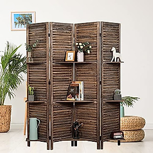 Proman Products Rancho Shelf 4 Panel Room Divider FS17191, Folding Screen, Privacy Screen, Room Partition, Paulownia Wood, (Max Extend with Shelves) 47" W x 11" D x 67" H, Rustic Brown