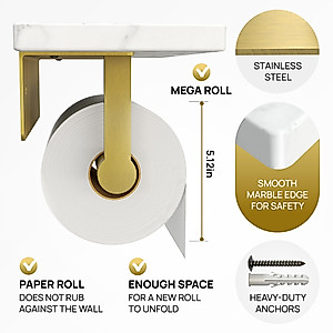 Double SHELVE Toilet Paper Holder with Natural Marble Shelf, Screw Wall Mounted, Tissue Roll Holder for Bathroom Gold