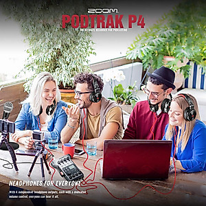 Zoom PodTrak ZP4 Podcast Recorder Audio Interface has 4 Mic Inputs, 4 Headphone Outputs plus a Basic Accessories Bundle Including a Samson SR360 Headphones a Memory Card and more