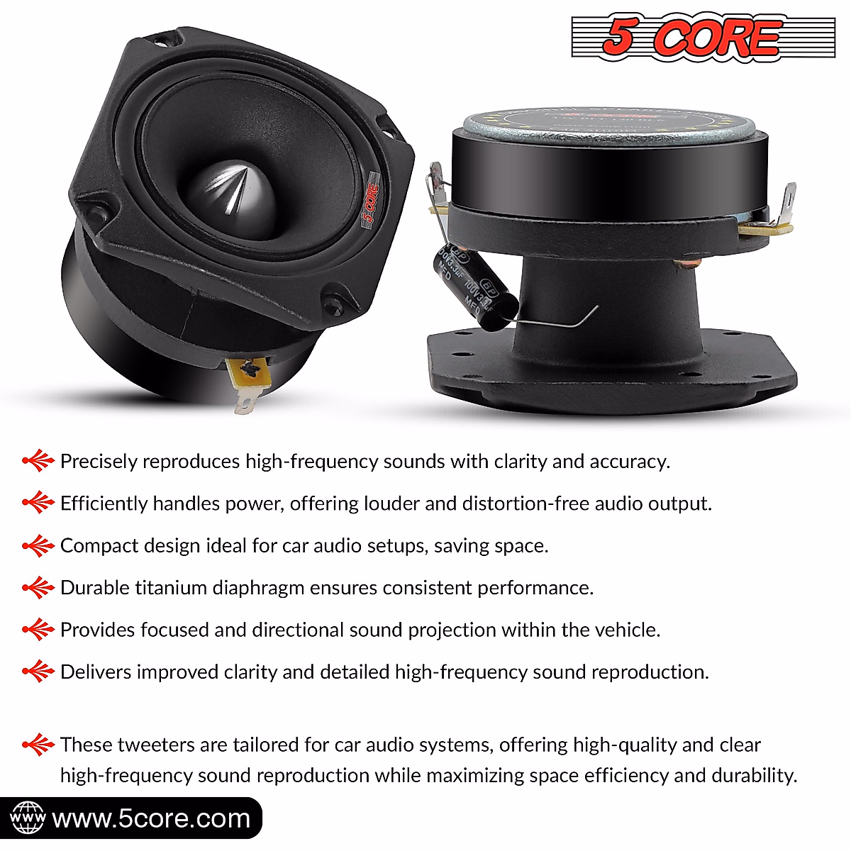 5 CORE Tweeters Speakers Car Audio Pair 600W Combined Peak 4 Ohm 3.5 Inch Aluminum Super Bullet Tuiters para Sonido para Carro - TW BLT 150 BLK Pair