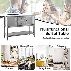 Harmony-Furniture Wooden Buffets and Sideboards, Buffet Cabinet with 2 Storage Drawers, Console Table w/Long Bottom Shelf & Pine Legs, Coffee Bar Cabinet for Kitchen, Dining Room (Grey)