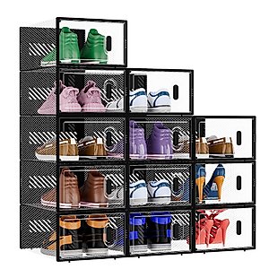 BALEINE 12 Pack Stackable Shoe Storage Boxes Fit Size 11, Thickened Clear Shoe Box Bins with Lids, Plastic Foldable Shoe Rack Organizer Sneaker Storage Containers (X-Large, Black)