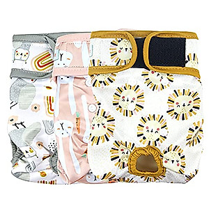 Langsprit Washable Female Dog Diapers (3 Pack) - No Leak Reusable Diapers for Doggy Female in Period - Highly Absorbent Dog Heat Panties with Adjustable Snaps (Rabbit, Owl, Lion, Medium)