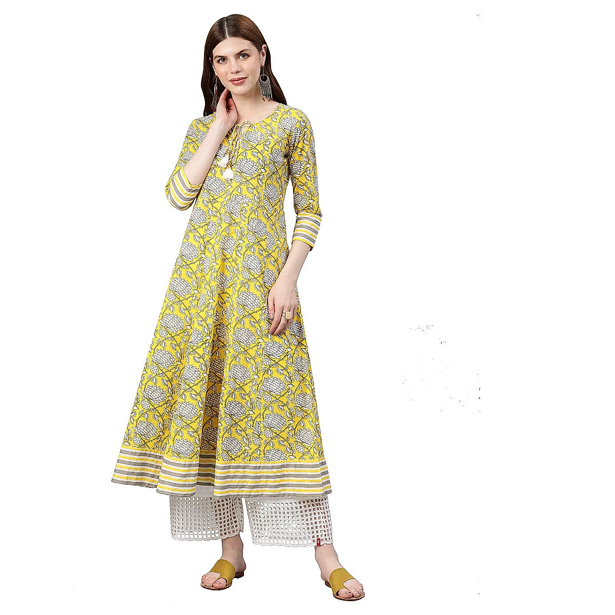 Yash Gallery Indian Cotton Floral Printed Anarkali Kurtis for Women (Lemon Yellow)