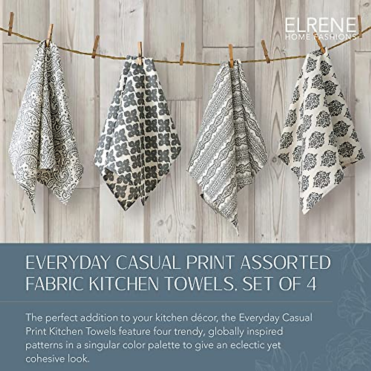 Elrene Home Fashions Everyday Casual Prints Assorted Cotton Fabric Kitchen Towels, Set of 4, 17" x 28", Gray 4 Count