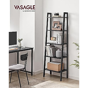 VASAGLE Ladder Shelf, 5-Tier Bookshelf, Storage Rack, Bookcase with Steel Frame, for Living Room Home Office, Kitchen, Bedroom, Industrial Style, Ebony Black + Black