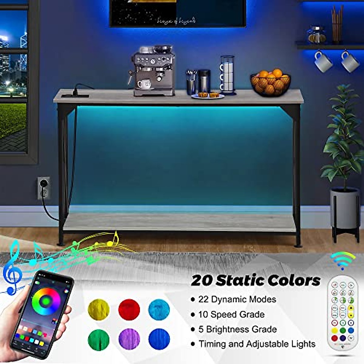 DANSION 2 Tiers Console Sofa Table with Power Outlet, Industrial Entryway Table with Open Storage Shelf, Accent Side Table with LED Strip Lights for Hallway Living Room, X-Shaped Metal Frame Support
