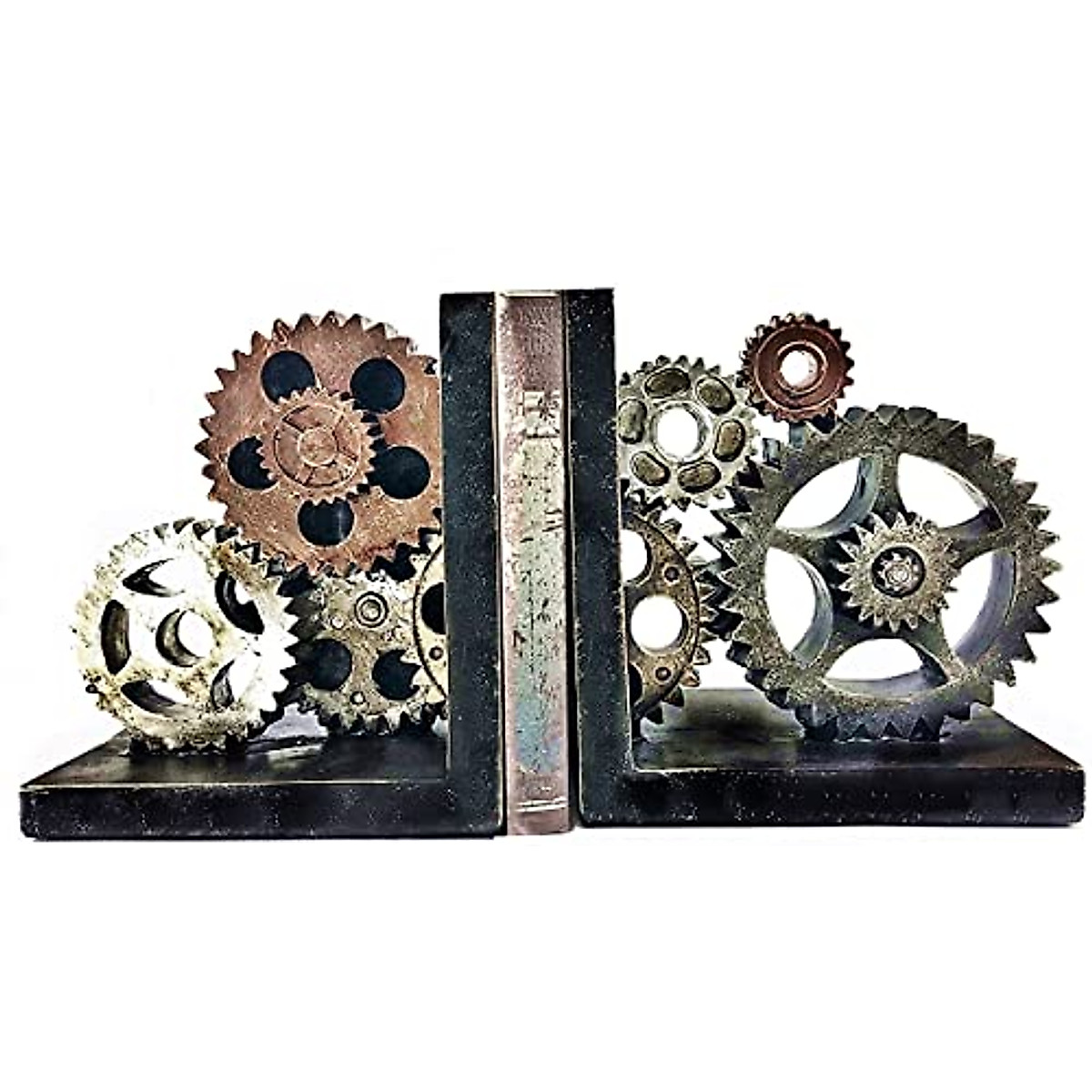 Bellaa 20881 Decorative Bookends Gear Book Shelves Stoppers Holder Nonskid Shelf Heavy Ends Supports Vintage Industrial Modern Art Home Decor Statues Sculptures 6 inch