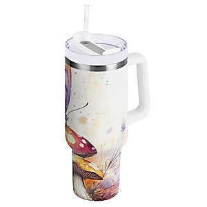 ALAZA Mushrooms Butterfly 40 oz Tumbler Water Bottle with Straw Lid and Handle,Reusable Insulated Stainless Steel Cup for Women Men Travel Car Cup Holder